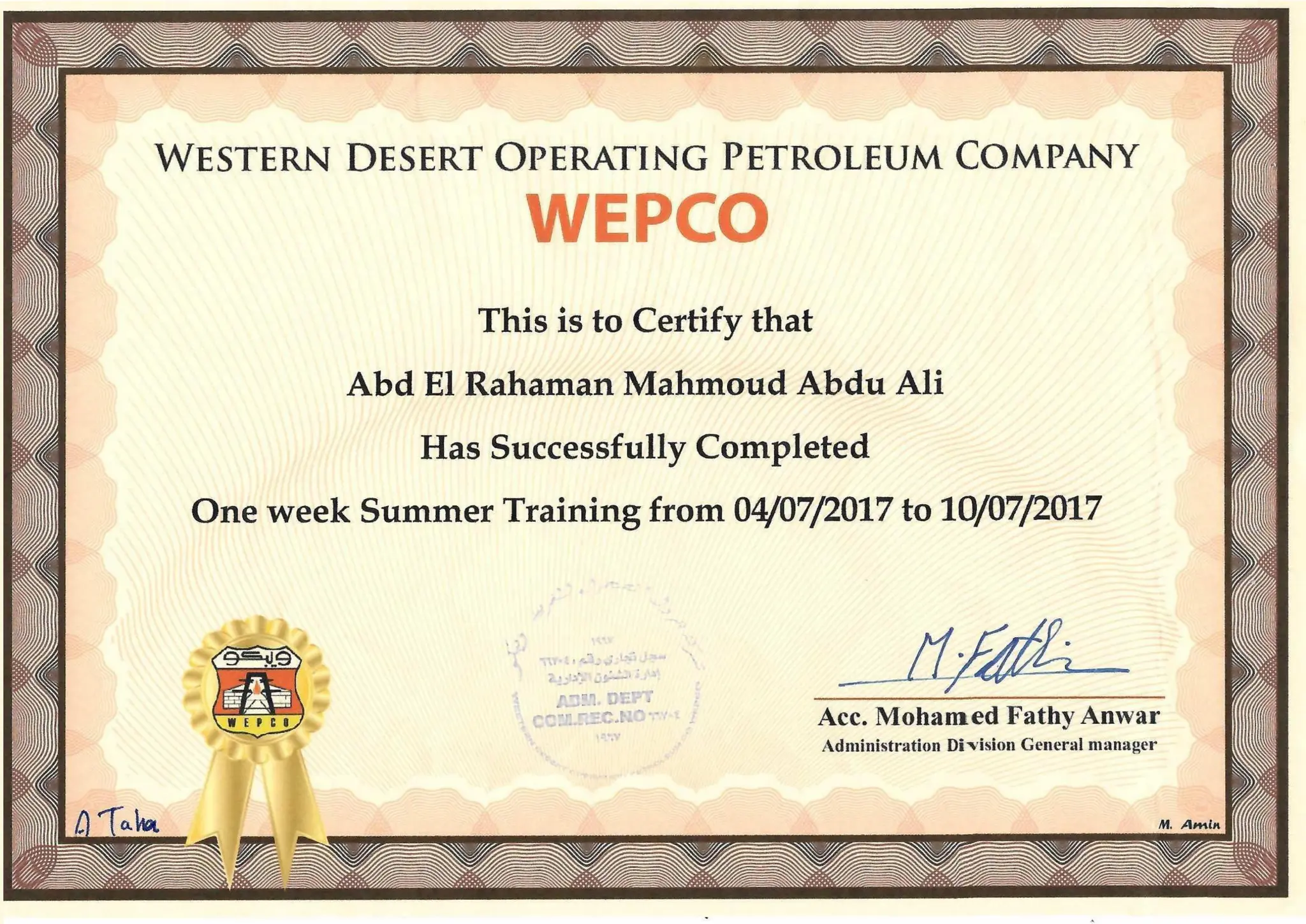 WEPCO Summer Training Certificate I 2017 | PDF