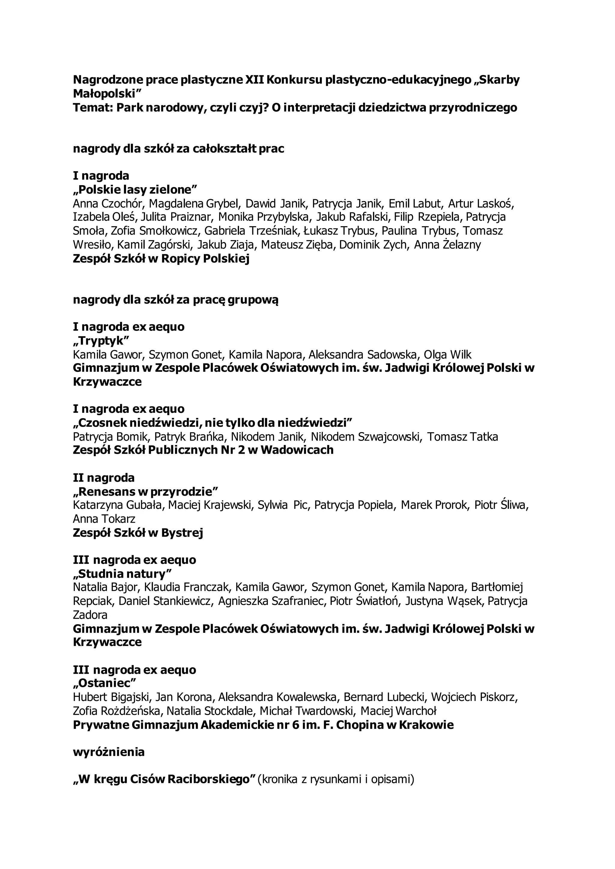 XII Konkurs plastyczno-edukacyjny Skarby Małopolski - Werdykt ...