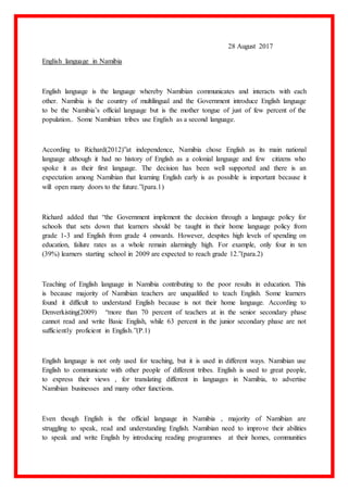Fillipus Lineekela essay on the English language in Namibia. | PDF