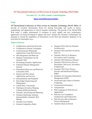Call for Papers - 16th International Conference on Web services & Semantic Technology (WeST 2024 ...