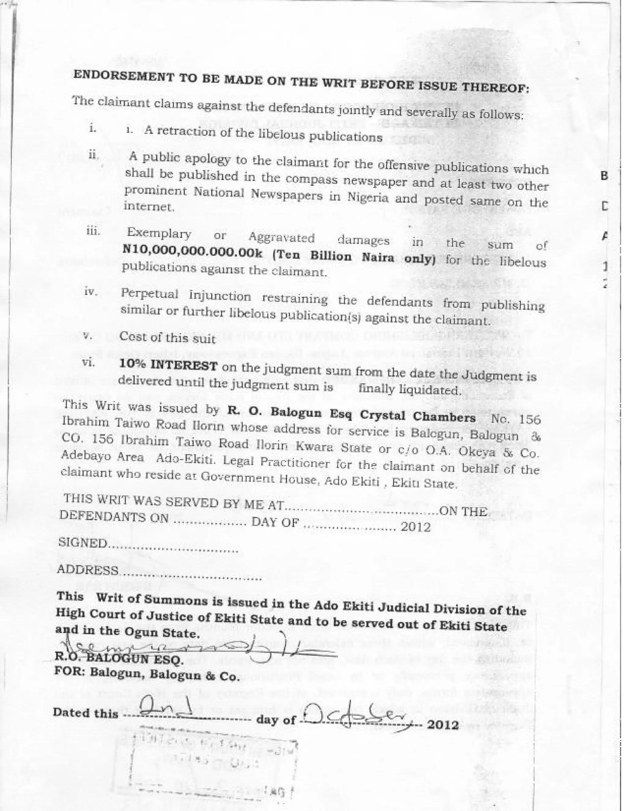 Writ of Summons for Western publishing Company | PDF