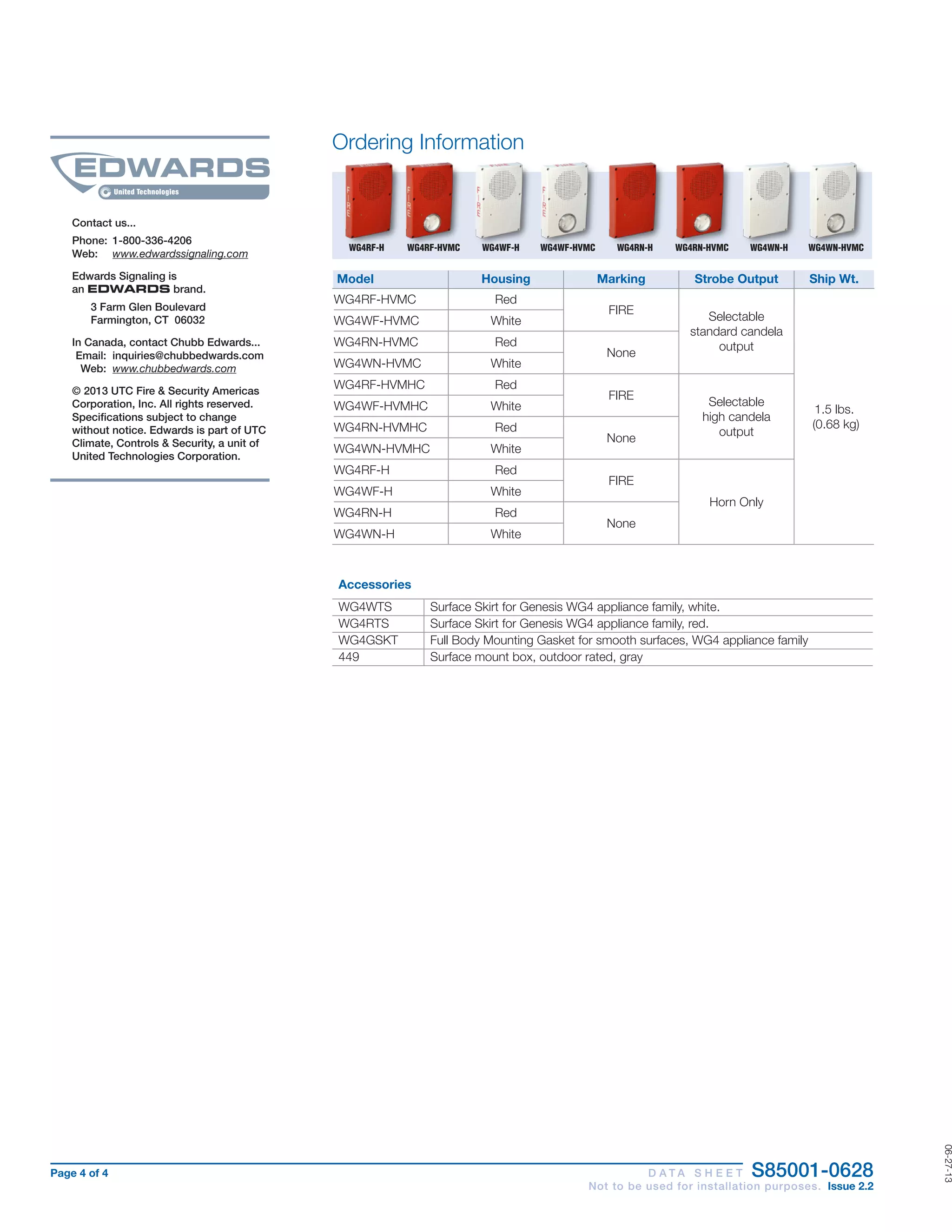 Edwards Signaling WG4RN-HVMC Data Sheet | PDF