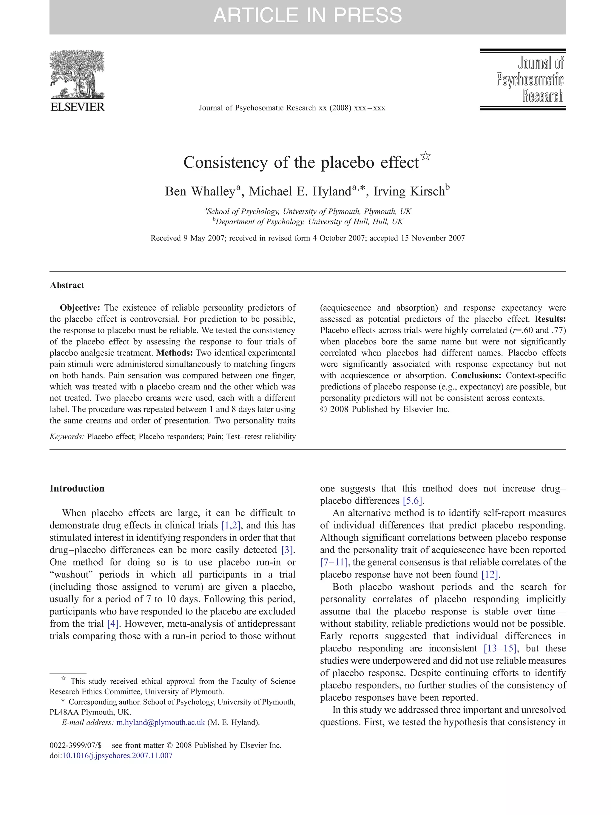 Whalley2008 consistency of the placebo effect | PDF
