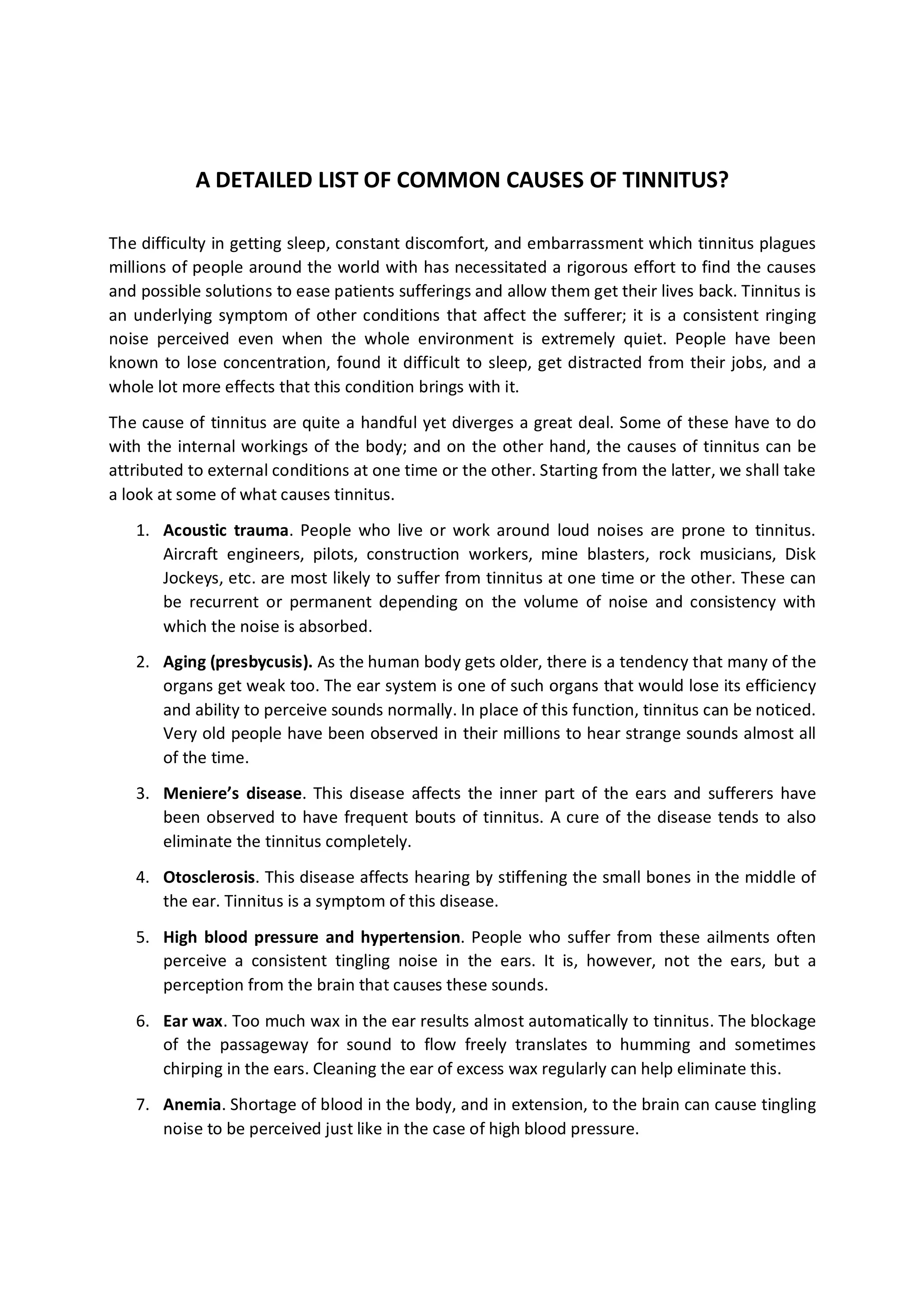 A DETAILED LIST OF COMMON CAUSES OF TINNITUS? | PDF | Ear, Nose and Throat Conditions | Diseases ...