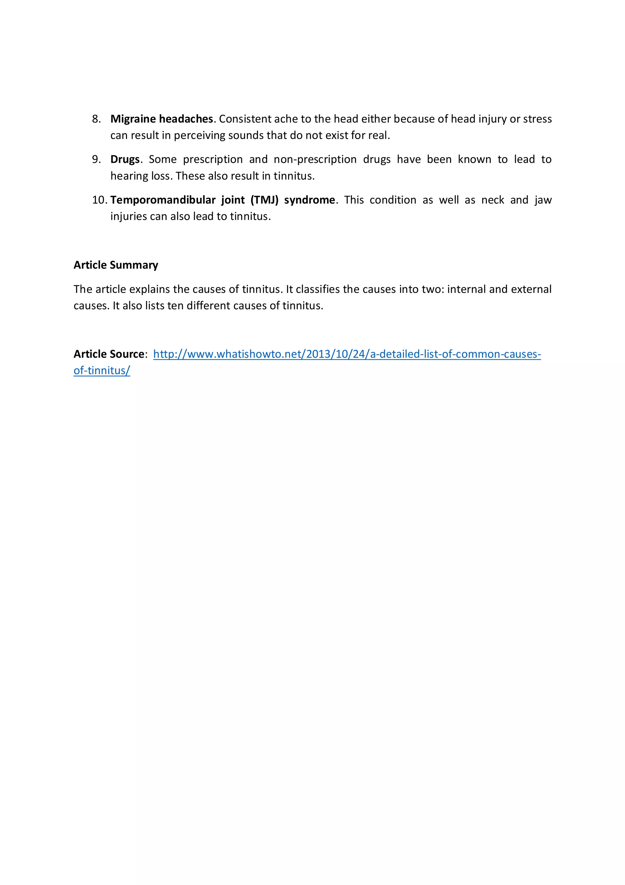 A DETAILED LIST OF COMMON CAUSES OF TINNITUS? | PDF | Ear, Nose and Throat Conditions | Diseases ...