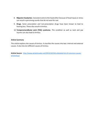 A DETAILED LIST OF COMMON CAUSES OF TINNITUS? | PDF | Ear, Nose and Throat Conditions | Diseases ...