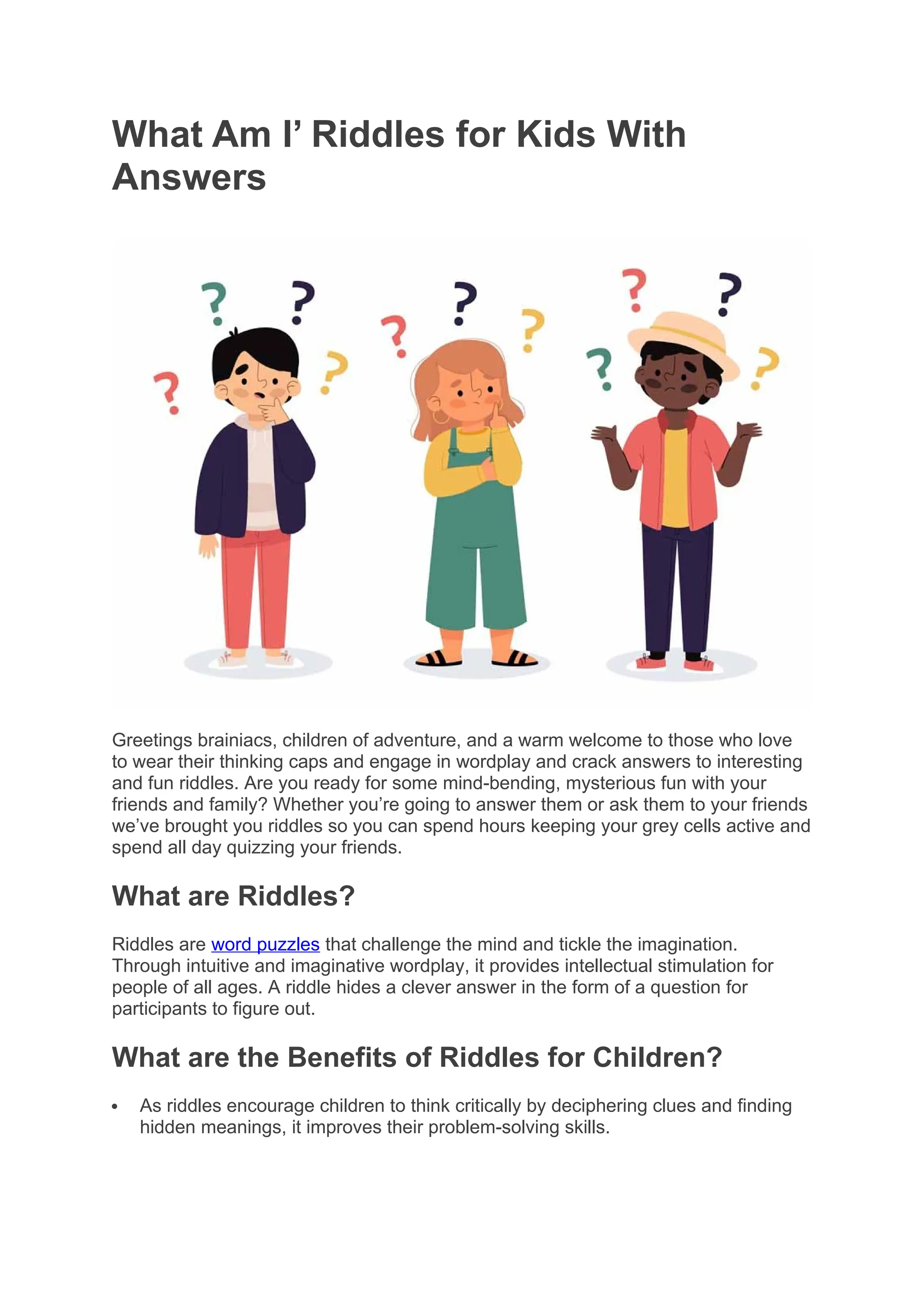 Kids' Riddles: Fun Brain Teasers for Children | DOCX