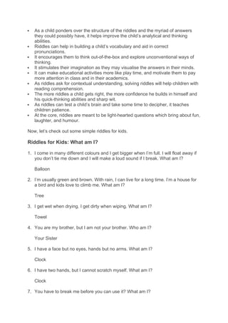 Kids' Riddles: Fun Brain Teasers for Children | DOCX