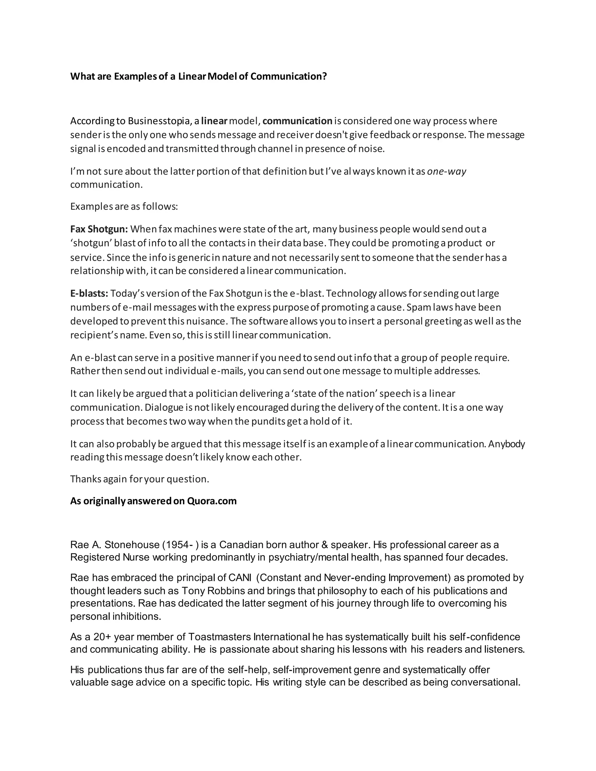 What are examples of a linear model of communication? | DOCX