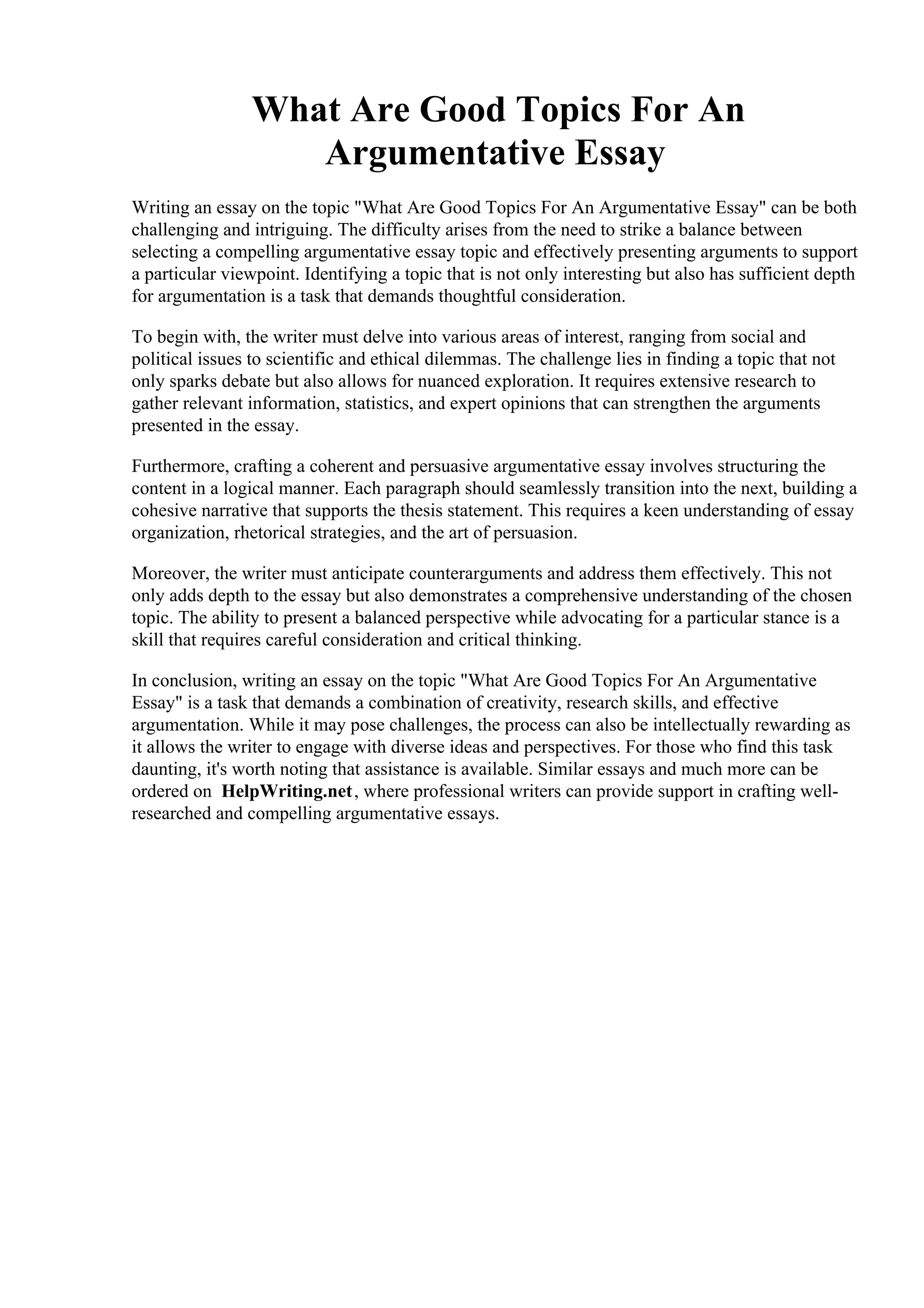 What Are Good Topics For An Argumentative Essay | PDF