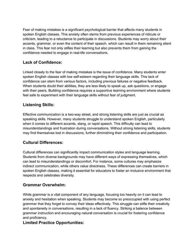 What are some common challenges students face in spoken English classes ...