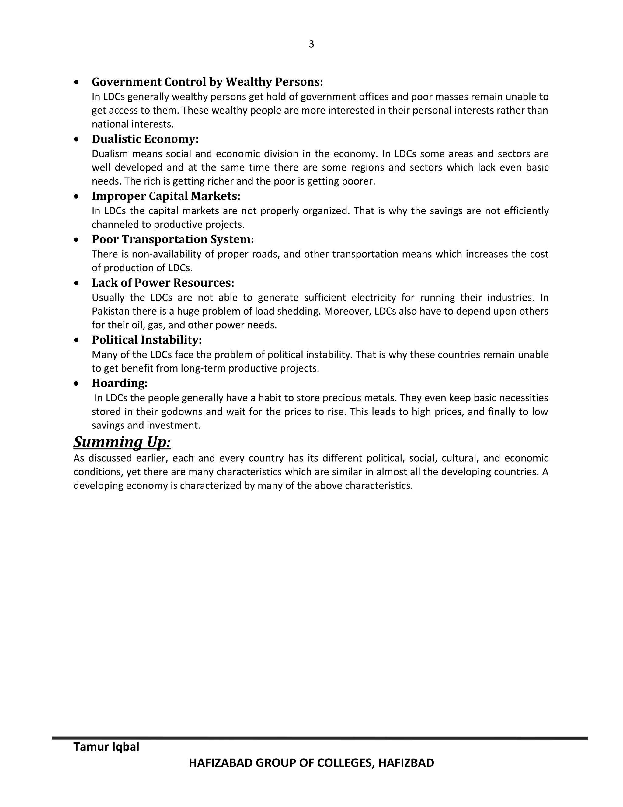 What are the common characteristics of developing countries | DOC