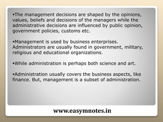 What are the difference between management and administration | PPTX