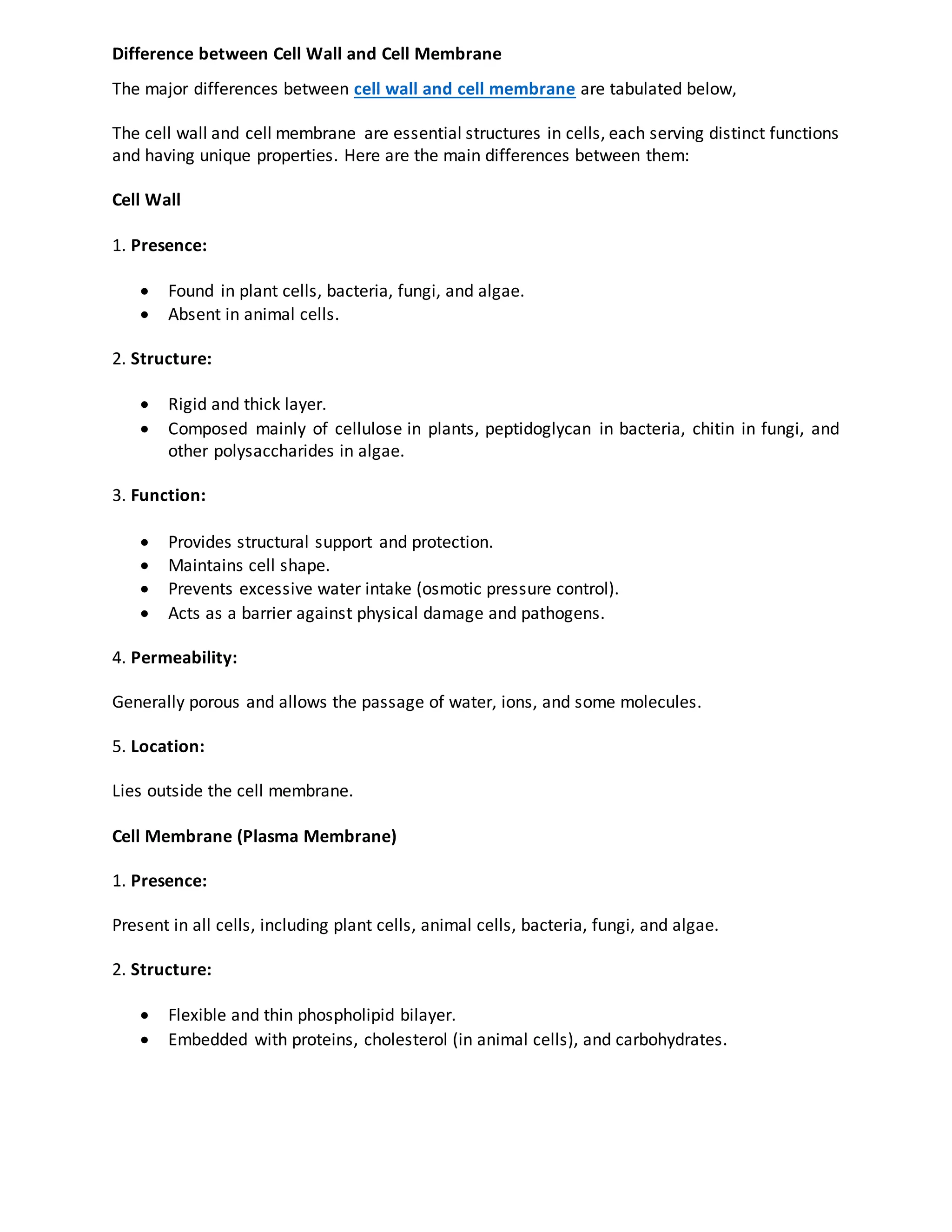 What are the Differences Between Cell Wall and Cell Membrane? | PDF