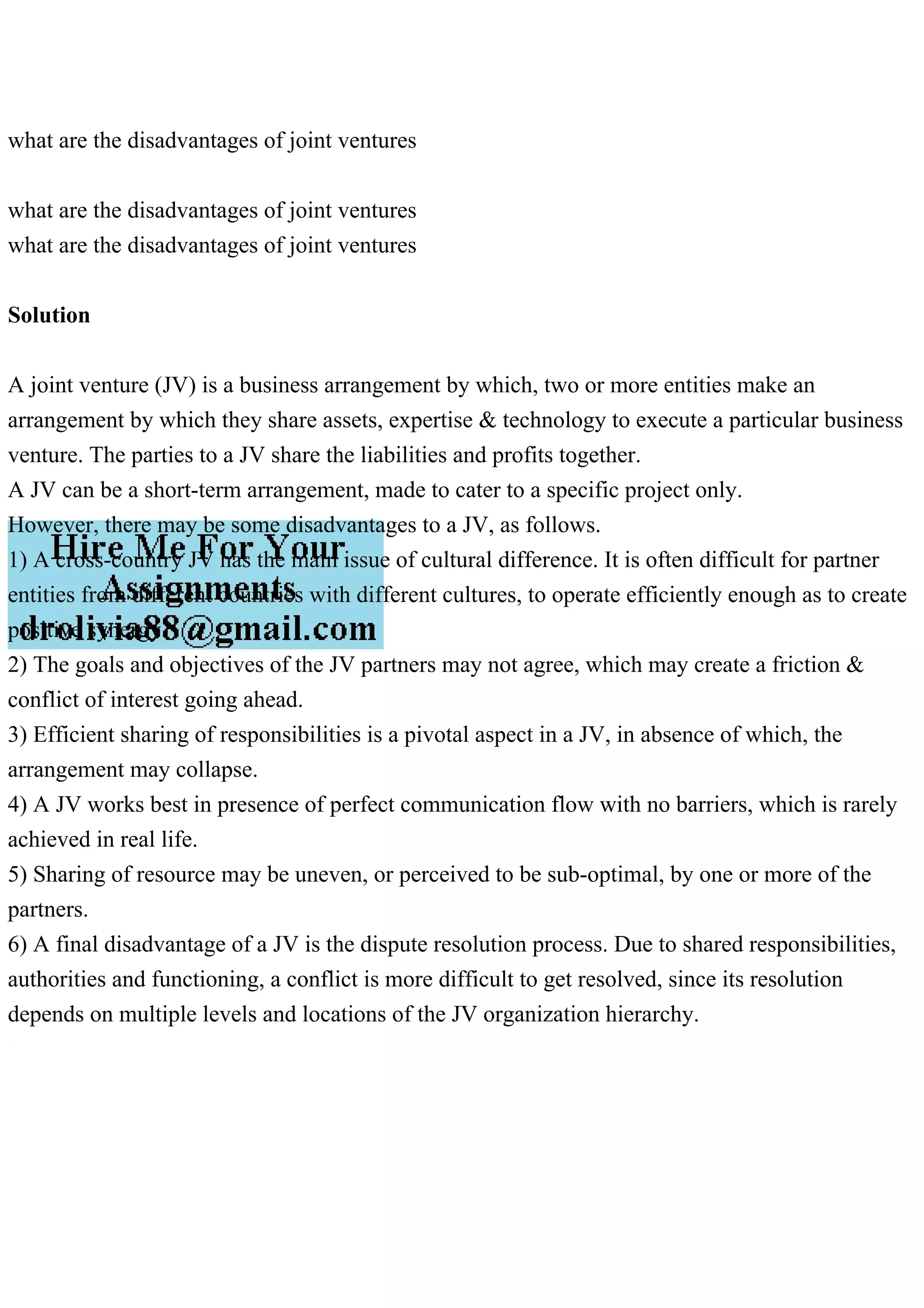what are the disadvantages of joint ventureswhat are the dis.pdf