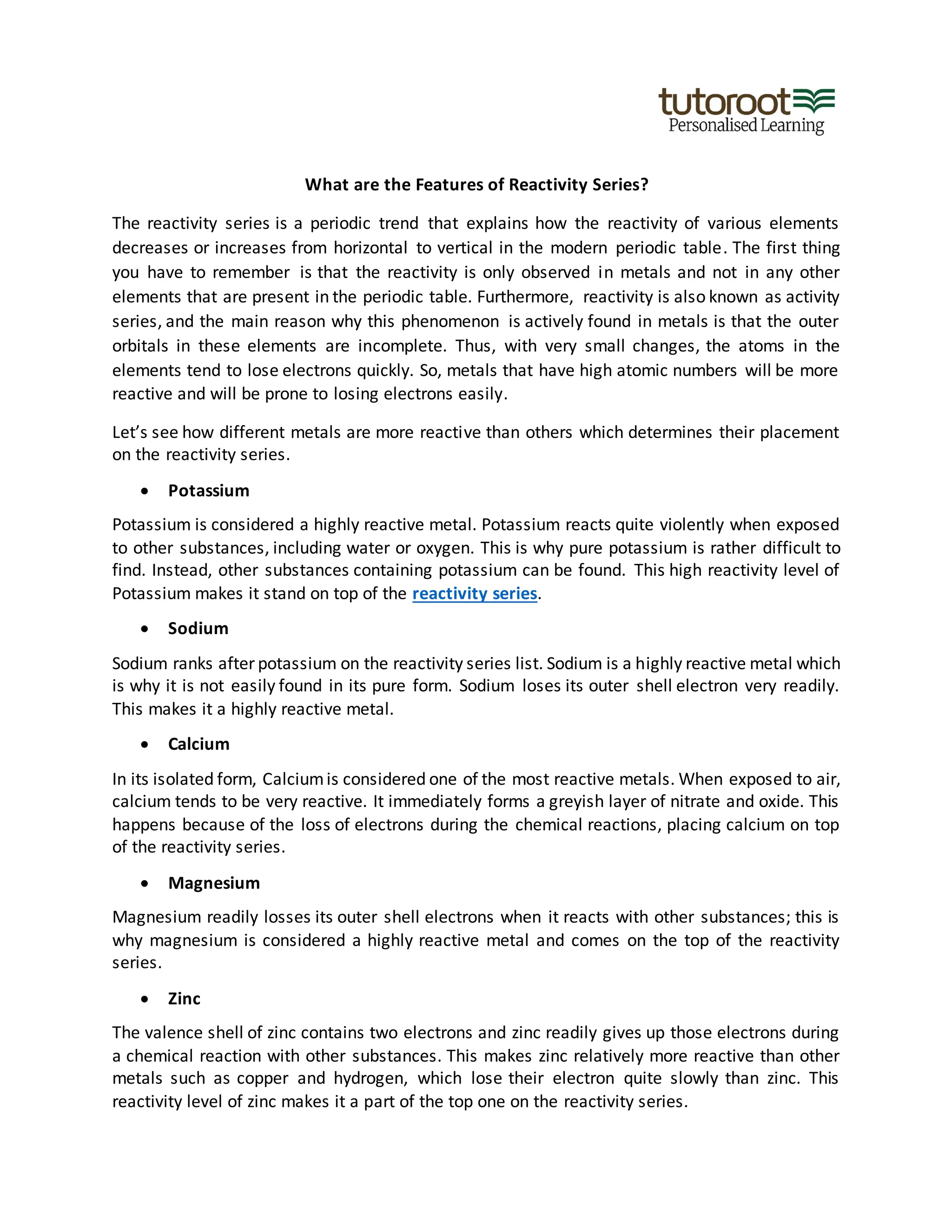 What are the Features of Reactivity Series? | PDF