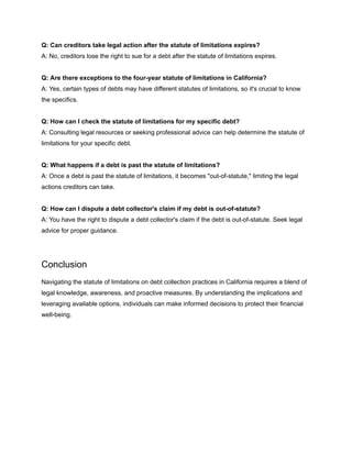 Demystifying Statute of Limitations: Impact on Debt Collection Practices in California | PDF