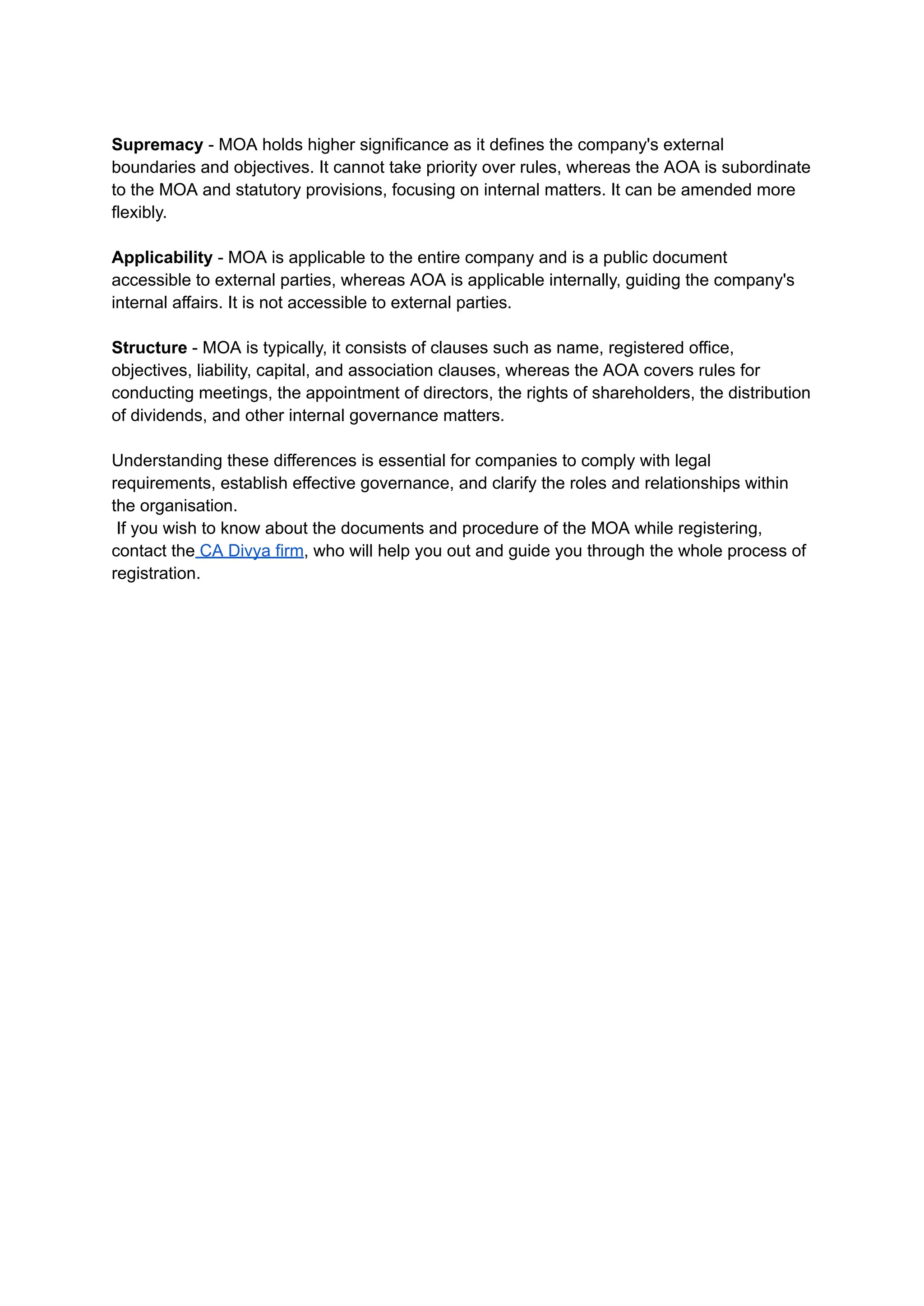 Difference Between MOA and AOA - CA Divya | PDF