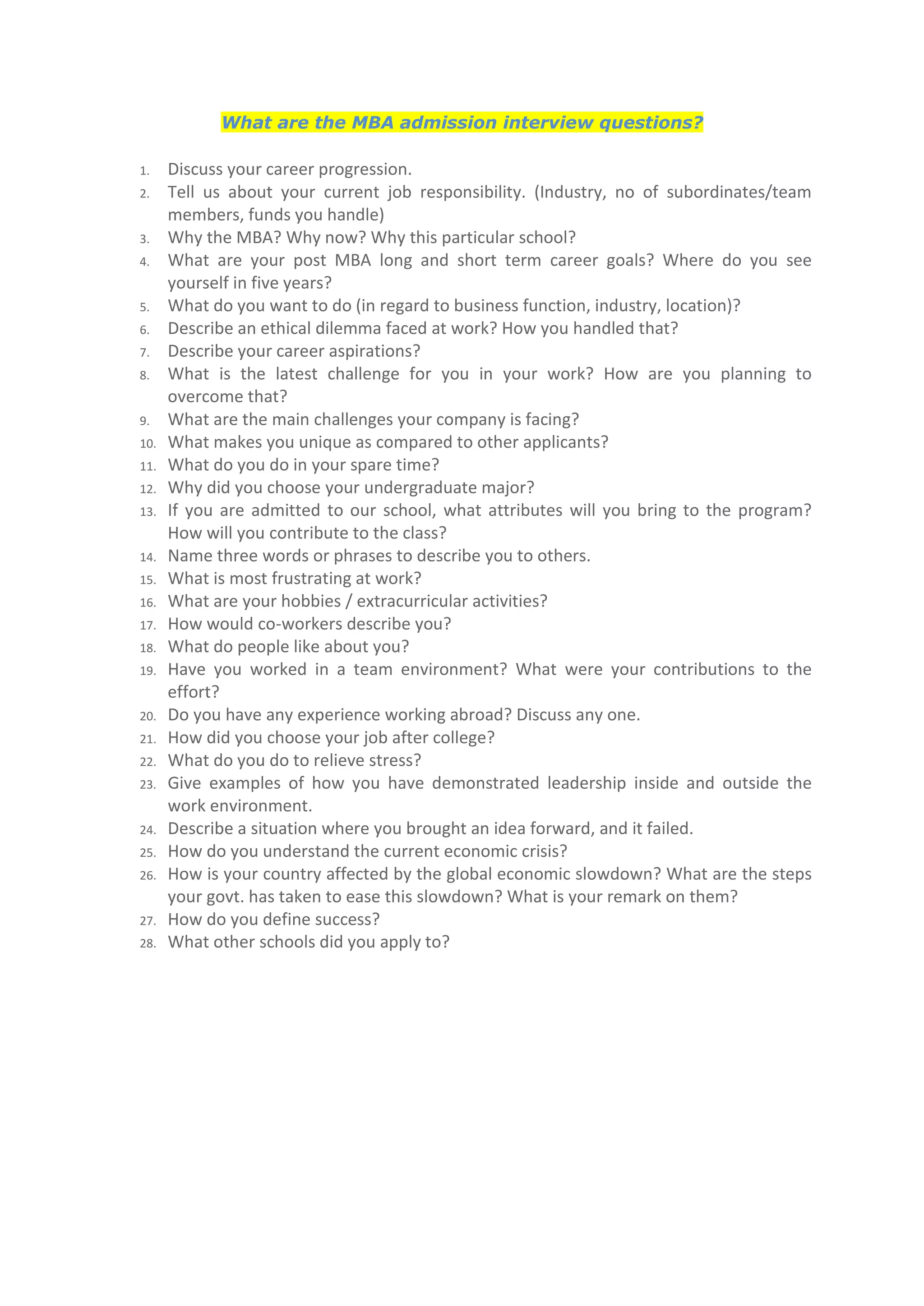 What are the mba admission interview questions | PDF