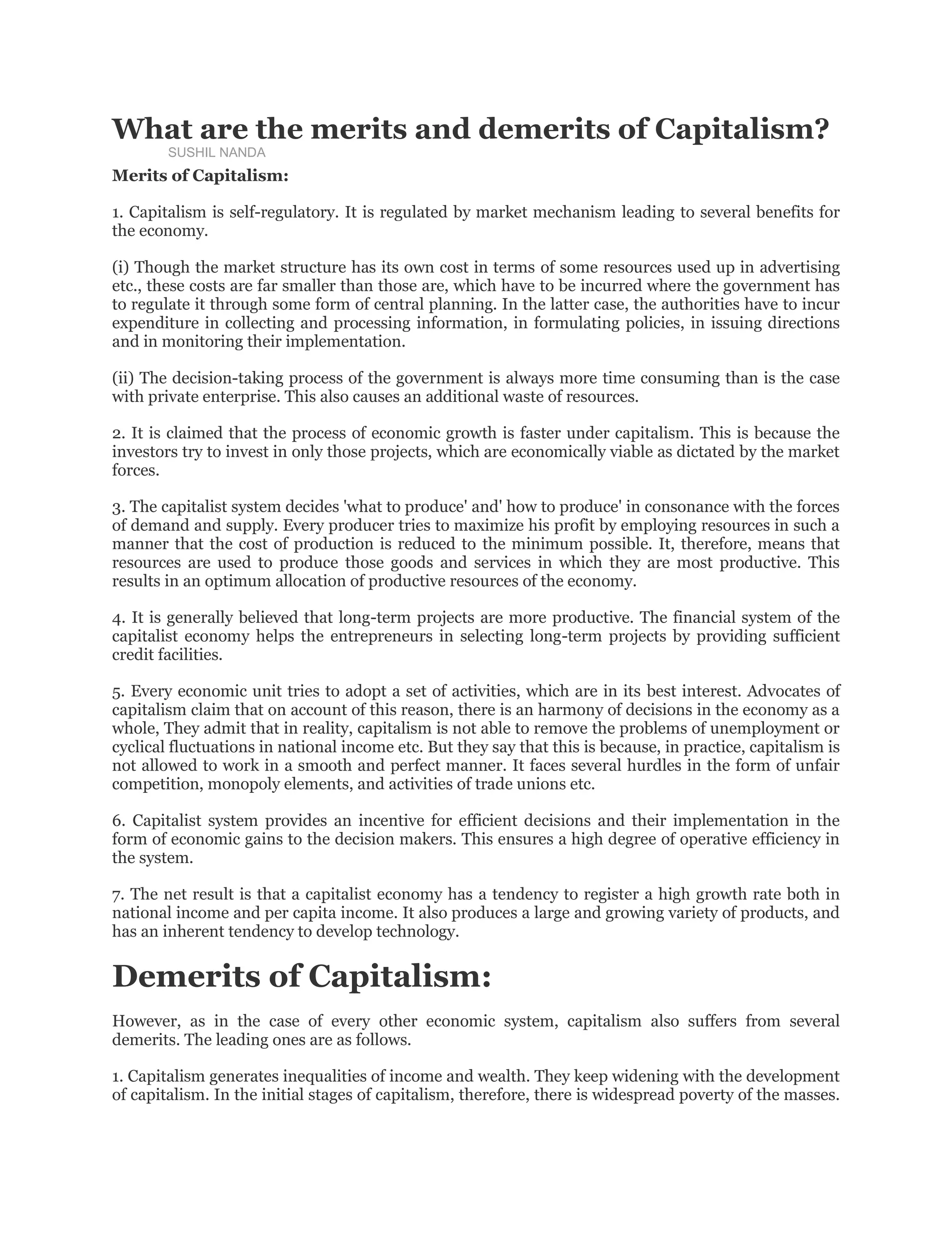 What are the merits and demerits of capitalism | DOCX