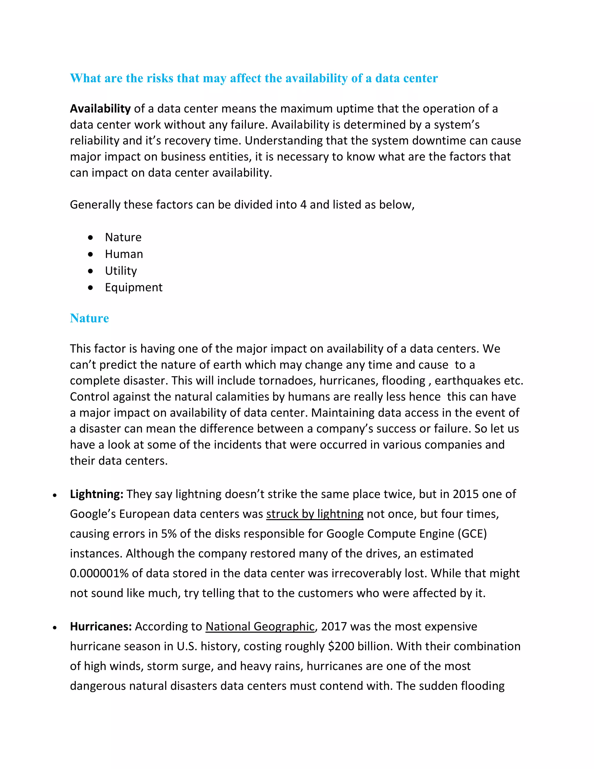What are the risks that may affect the availability of a data center | PDF