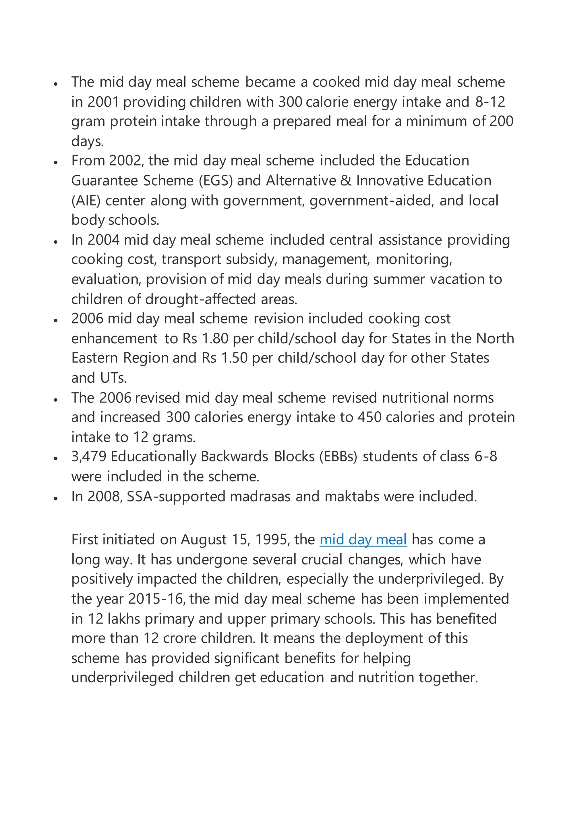 What are the various features of the mid day meal | DOCX