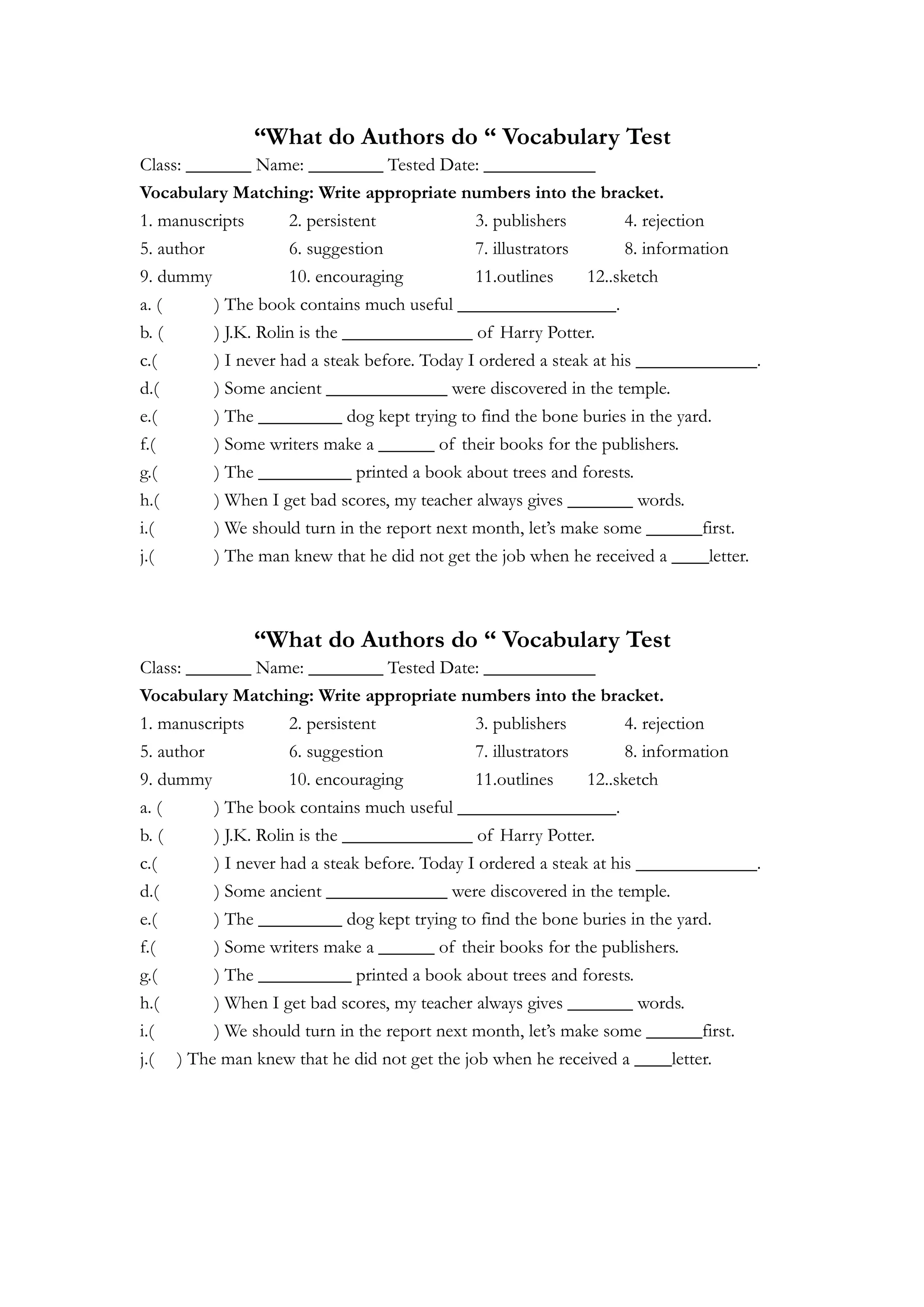 “What do authors do “ vocabulary test | PDF