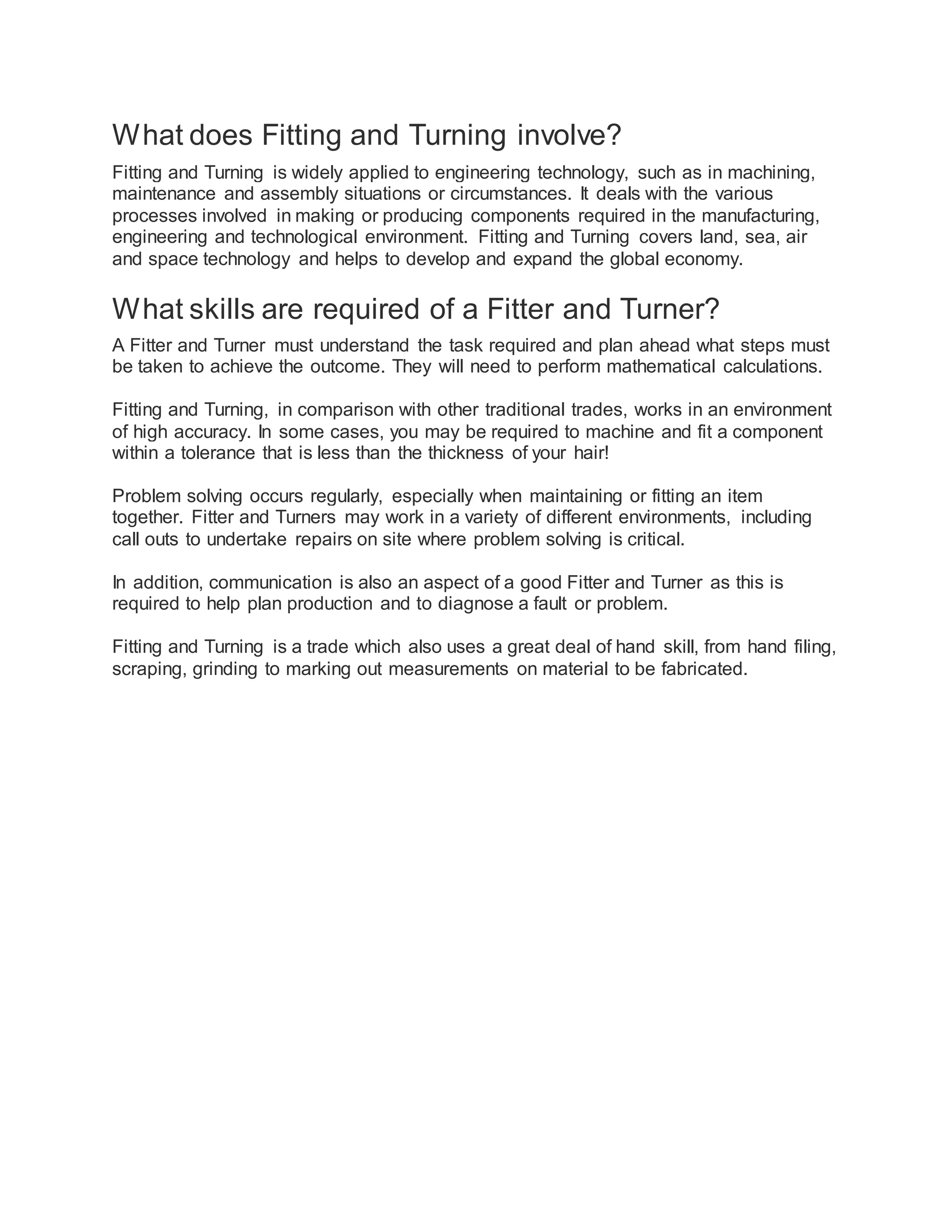 What does fitting and turning involve | DOCX