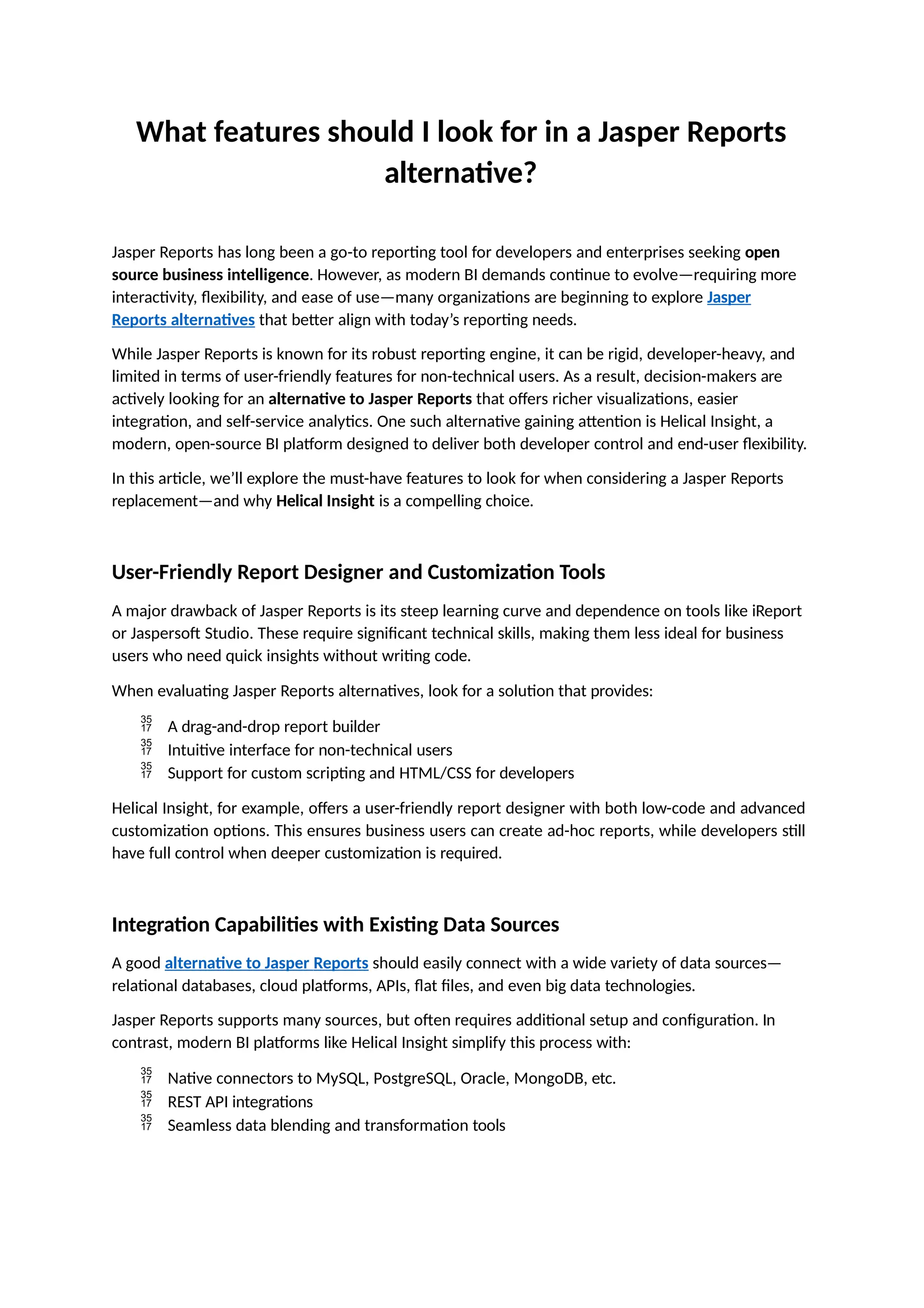 What features should I look for in a Jasper Reports alternative.pptx