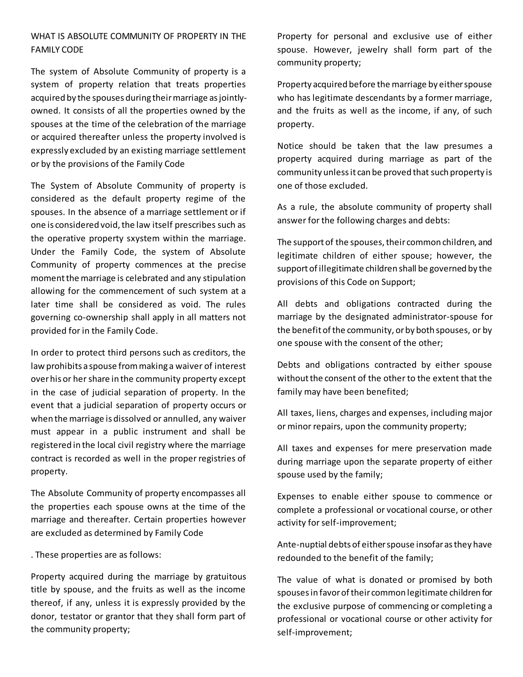 What Absolute Community of Property Is (Family Code) | DOCX