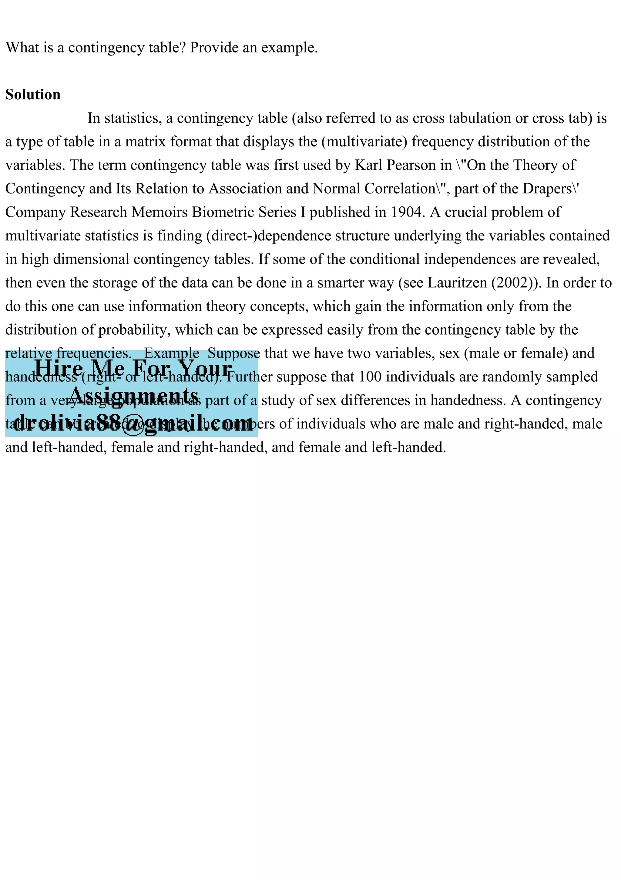 What is a contingency table Provide an example.Solution .pdf