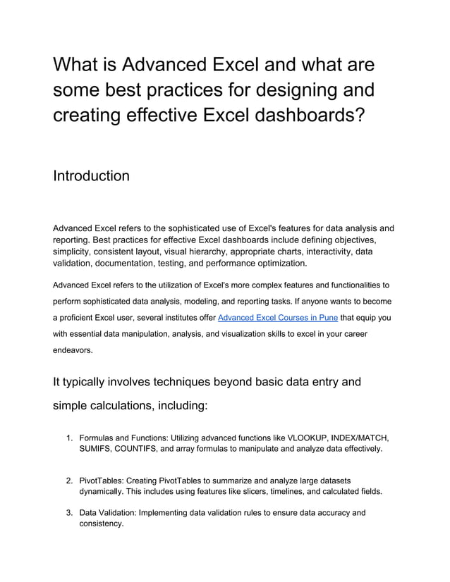 What is Advanced Excel and what are some best practices for designing and creating effective ...