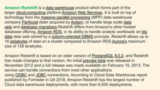 What is Amazon Redshift? | PPTX | Databases | Computer Software and Applications