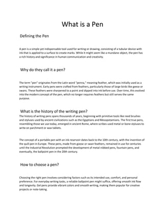 What is a Pen? Stationary included writing ink pen and ballpoint | PDF ...