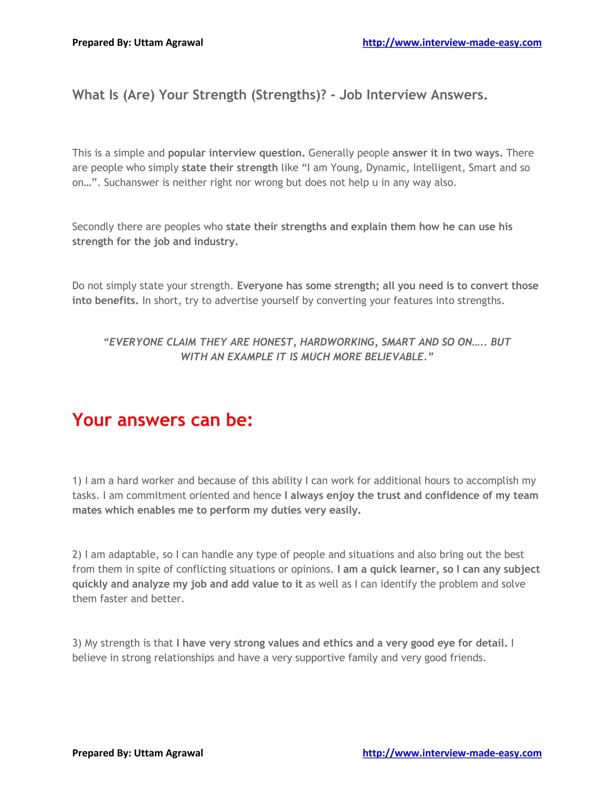 What Are Your Strengths - Interview Answers | PDF | Resume Writing and ...