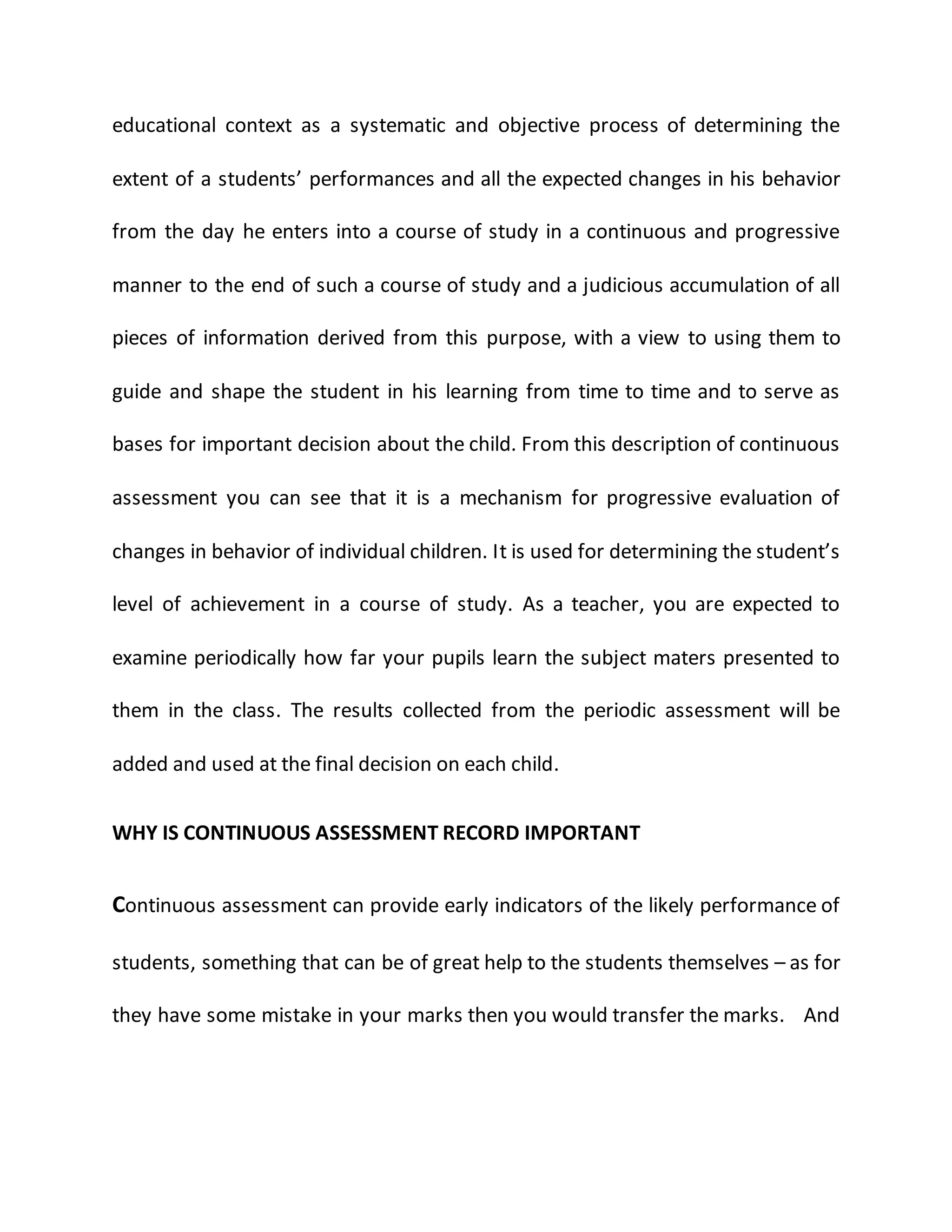 The concept continuous assessment record and its importance | DOCX