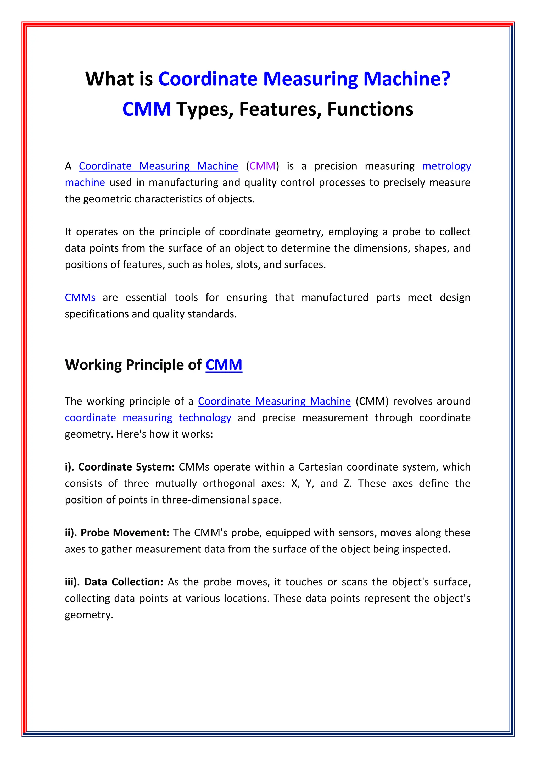 What is Coordinate Measuring Machine? CMM Types, Features, Functions | PDF