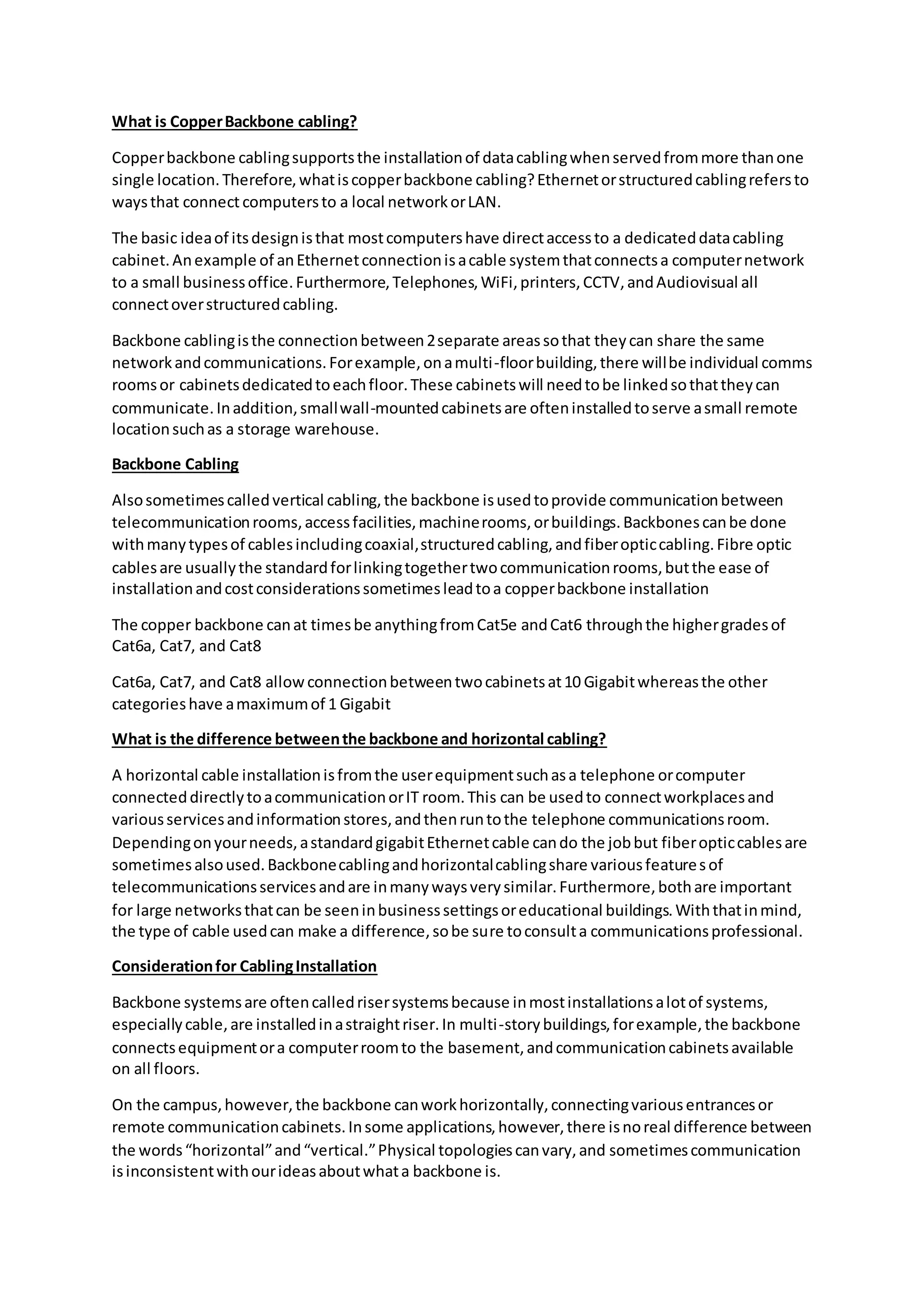 What is copper backbone cabling | DOCX