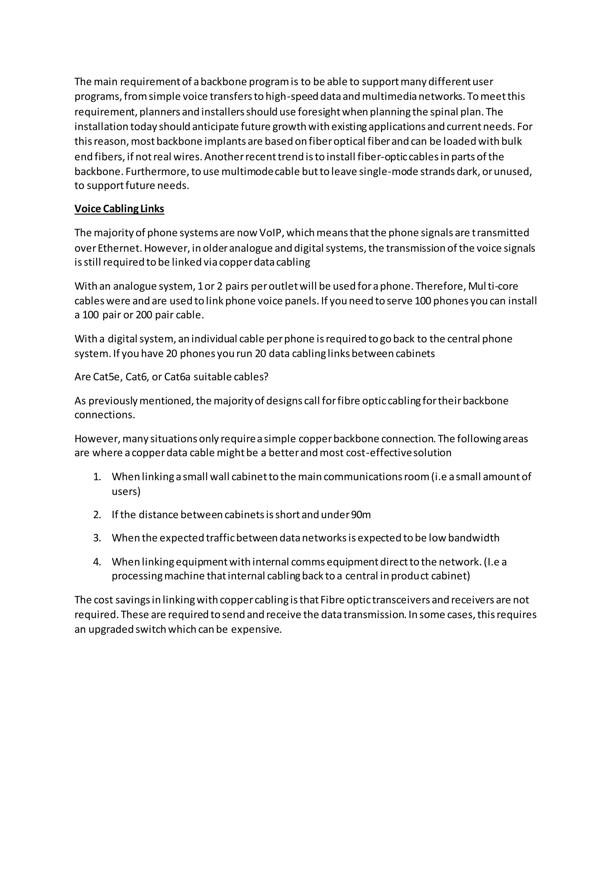 What is copper backbone cabling | DOCX