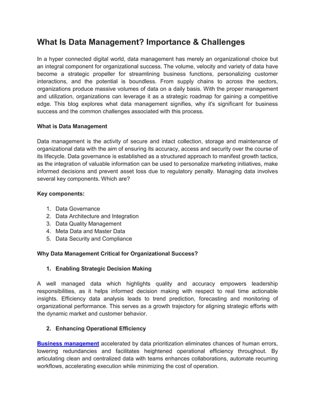 What Is Data Management_ Importance & Challenges | PDF