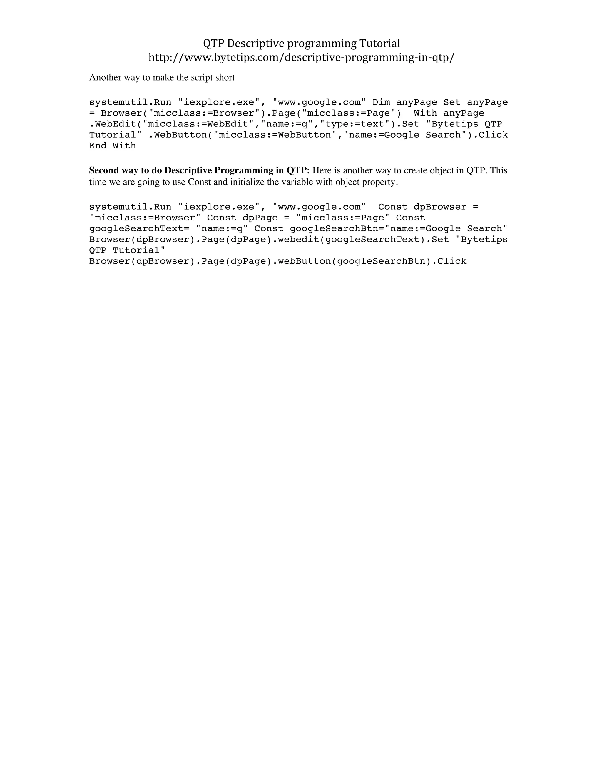 QTP Descriptive programming Tutorial | PDF