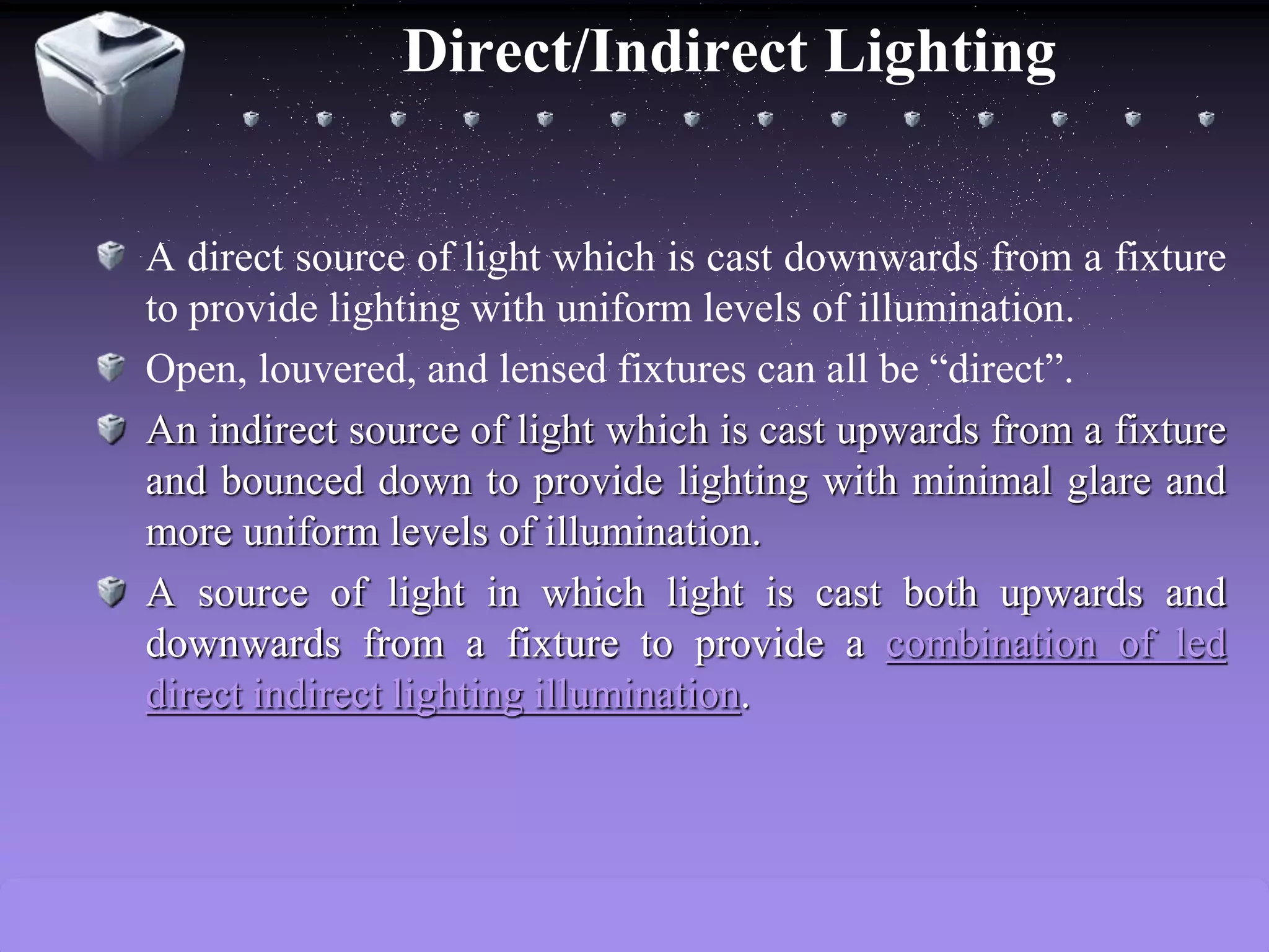 What is direct indirect lighting and what is its types? | PPTX