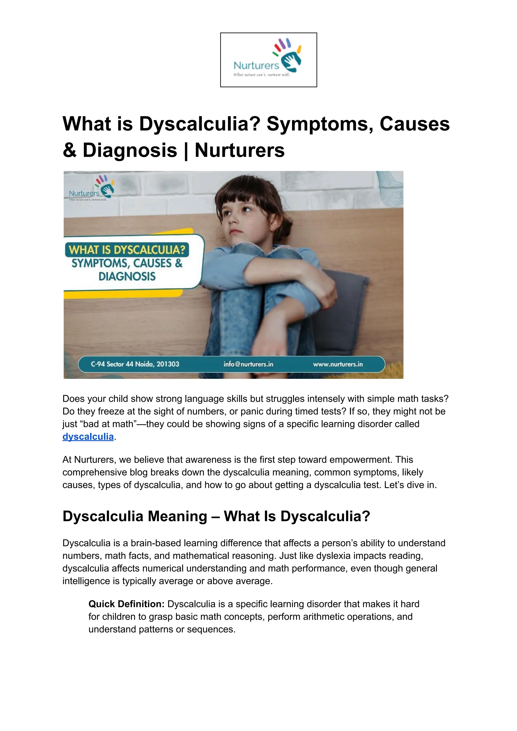 What is Dyscalculia? Symptoms, Causes & Diagnosis | Nurturers | PDF