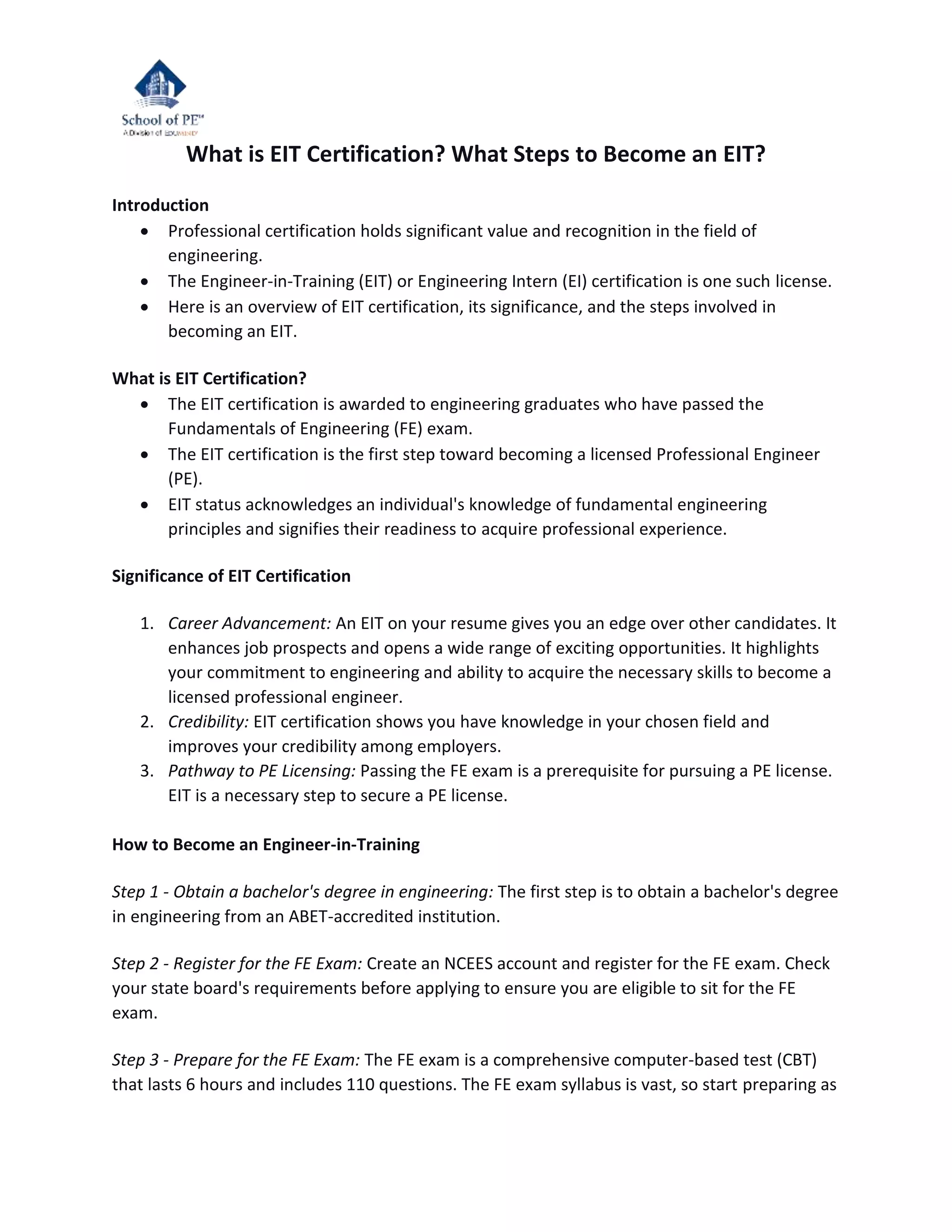 What is EIT Certification What Steps to Become an EIT | DOCX