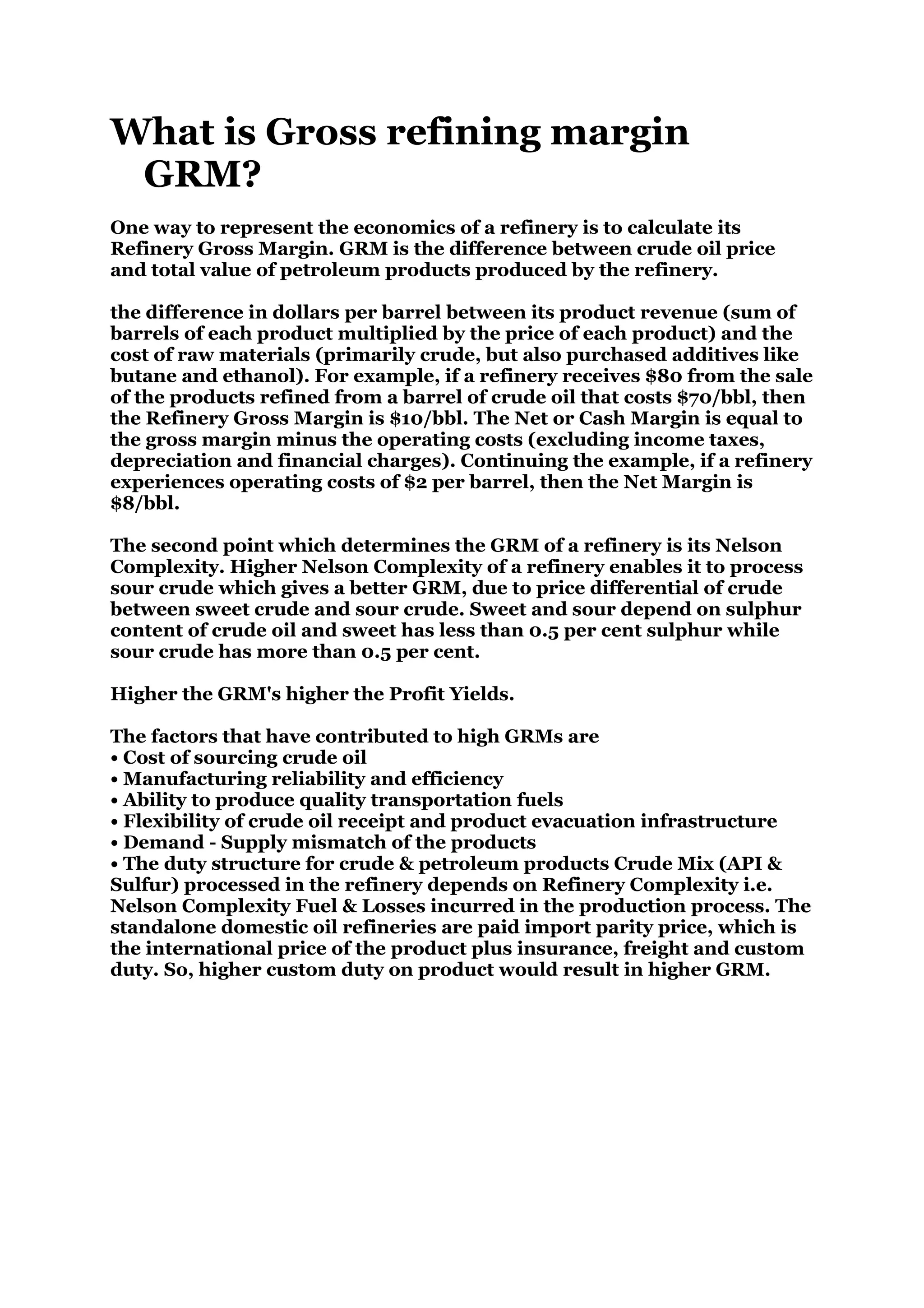 What is Gross refining margin GRM? | DOC