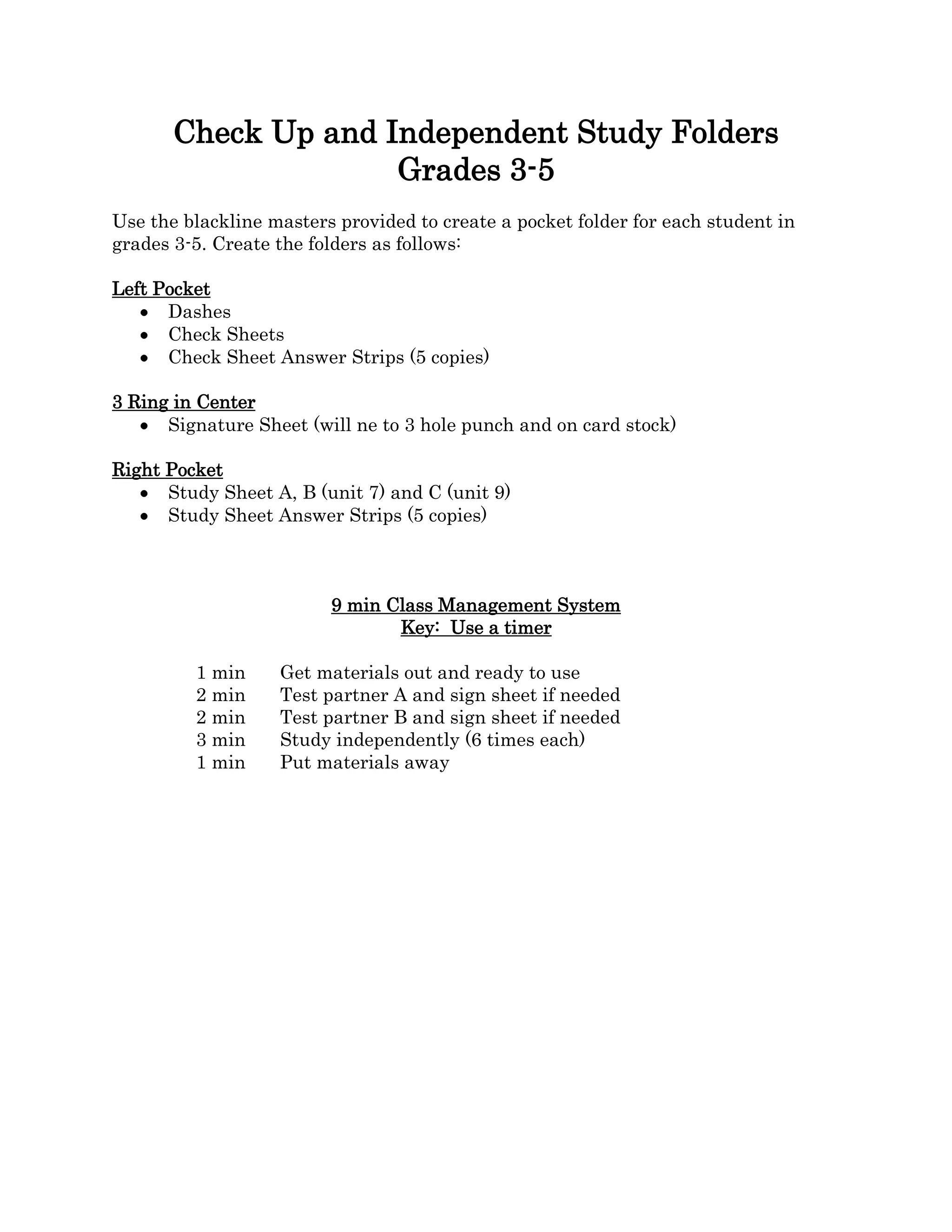 What is inside check up and independent study folders sheet | PDF
