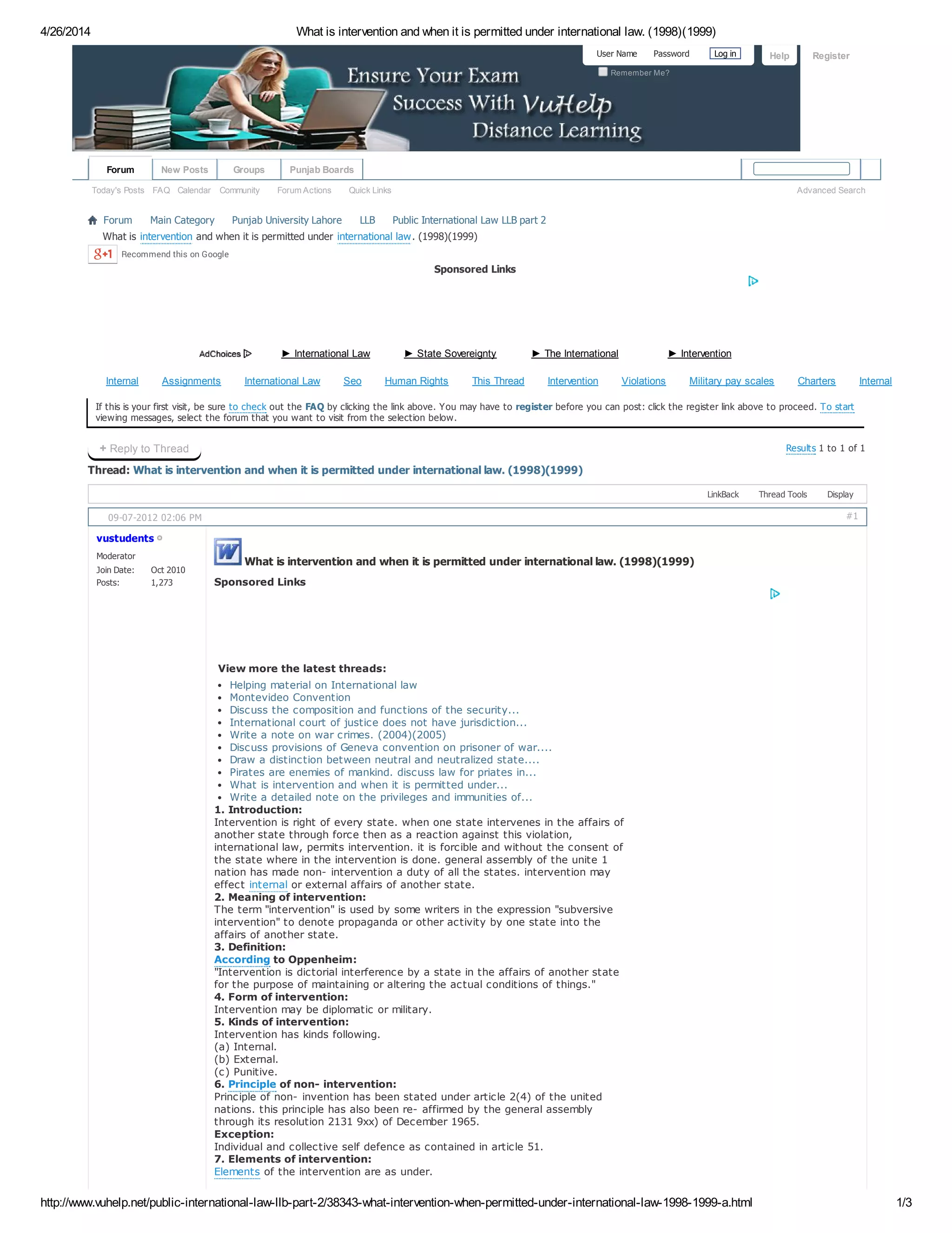 What is intervention and when it is permitted under international law | PDF