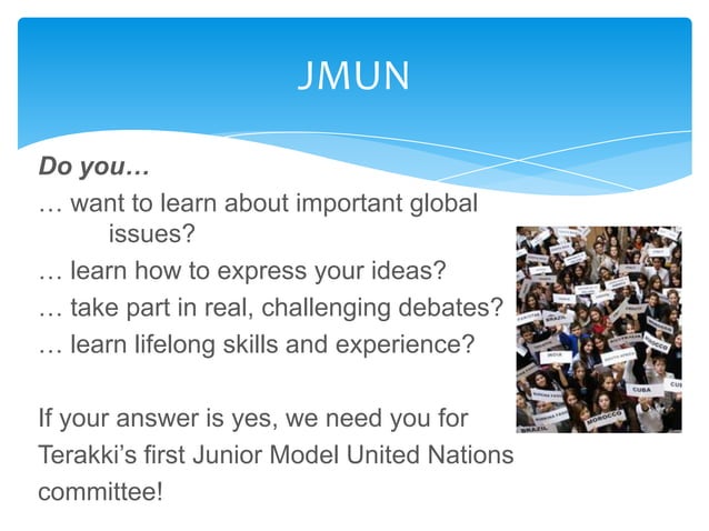 What is the JMUN? | PPTX | Secondary Education | Education
