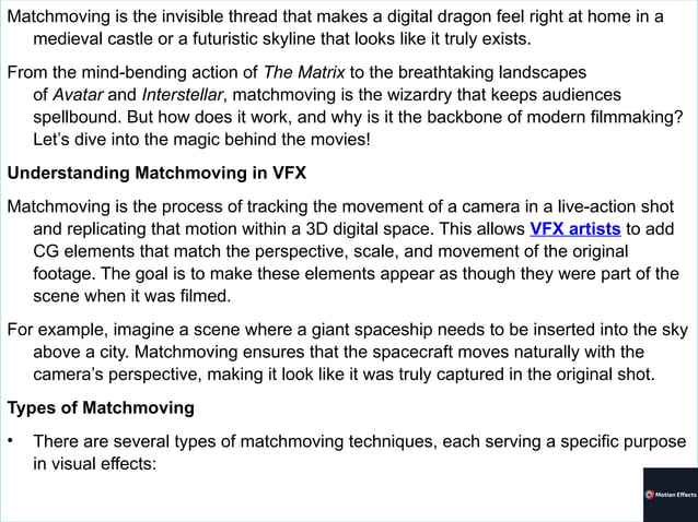 What is Matchmoving in VFX? - Motion Effects | PPTX