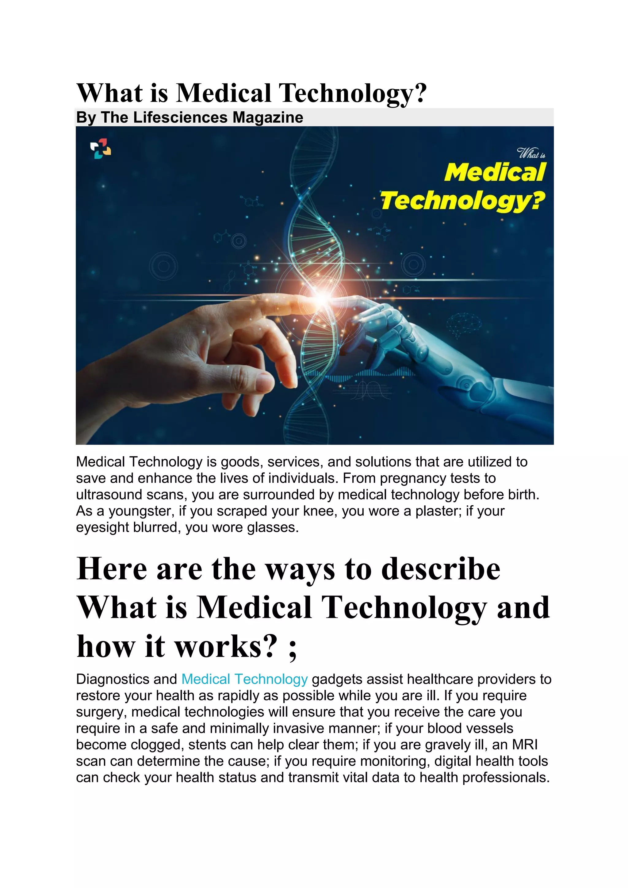 What is Medical Technology? : 3 Best Ways | The Lifesciences Magazine | PDF